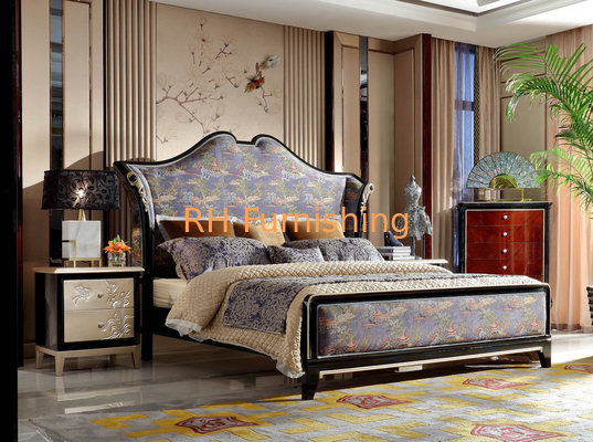 Neoclassic design of Luxury Bedroom sets High end Bed Headboard in Glossy black wood with Golden painting Nightstands supplier