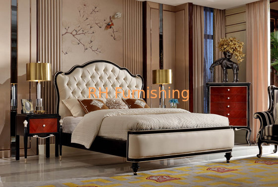 Luxury furniture sets French Neoclassical Black Bright Solid Wood Furniture Leather Soft Packed Double Bed supplier
