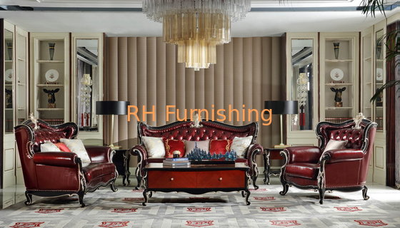 New Classical French Sofa in Glossy Solid Wood frame with Leather upholstered 1+2+3 Living Room Furniture Factory direct supplier