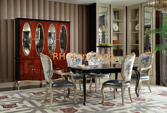 Luxury Furniture Dining room Long Tables in high glossy painting Ebony veneer with High density Upholstered Chairs supplier
