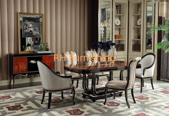 French Luxury Furniture Dining room Tables in glossy painting Ebony wood with Leather Upholstered Chairs and Buffet supplier