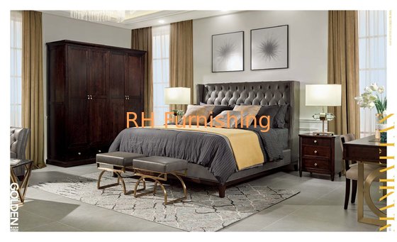 Light luxury bedroom furniture set of Leather headboard bed with Stainlesss steel bench stool supplier