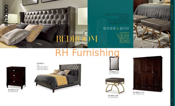 Light luxury bedroom furniture set of Leather headboard bed with Stainlesss steel bench stool supplier