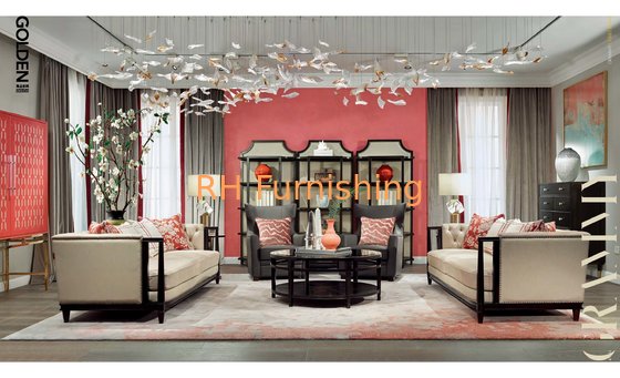Luxury villa house furniture of Living room leather sofa set made by Maple wood structure with coffee table supplier