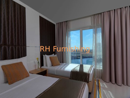 Hotel apartment room furniture made by Laminate board for Desk with Minibar cabinets and Upholstered headboard supplier