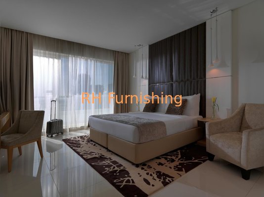 Hotel apartment room furniture made by Laminate board for Desk with Minibar cabinets and Upholstered headboard supplier