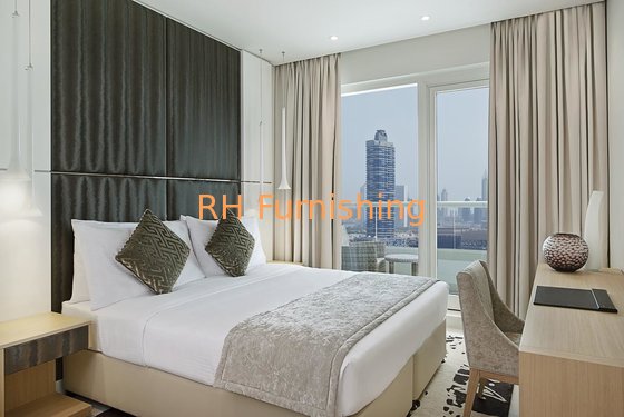 Hotel apartment room furniture made by Laminate board for Desk with Minibar cabinets and Upholstered headboard supplier