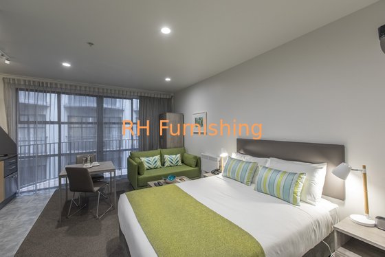 Modern hotel rooms furniture of Apartment style Upholstery headboard bed with Laminate wardrobe and long desk supplier