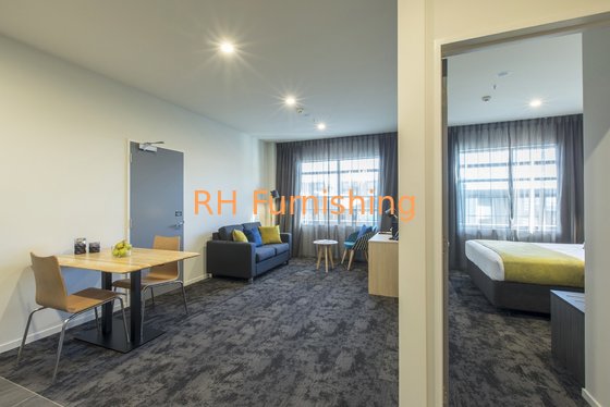 Commerical hotel rooms of Laminate furniture for table and cabinets with Upholstered sofa chairs supplier