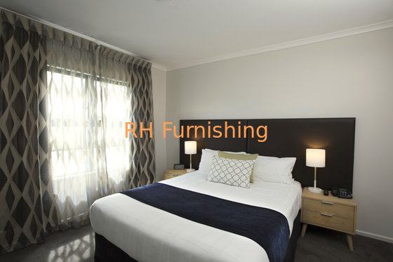 Budget hotels interior design of Leather upholstery headboard bed with Wood structure desk and tables supplier