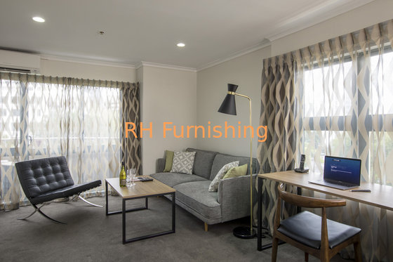 Budget hotels interior design of Leather upholstery headboard bed with Wood structure desk and tables supplier