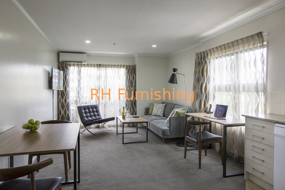 Budget hotels interior design of Leather upholstery headboard bed with Wood structure desk and tables supplier