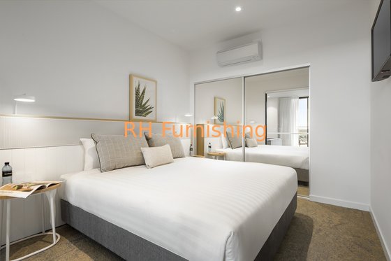 Fabric upholstered bed headboard and sofa chairs for hotel style apartment with Laminate board desk and cabinets supplier