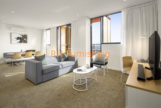 Fabric upholstered bed headboard and sofa chairs for hotel style apartment with Laminate board desk and cabinets supplier