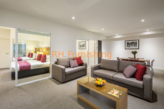 Hotel rooms furniture by laminate headboard bed with Nightstand and Living room upholstery furniture supplier