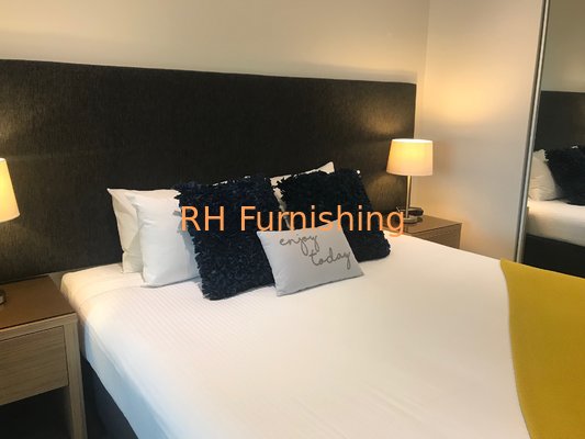 Hotel executive apartment bedroom furniture by upholstered bed and Laminate wood table with cabinet supplier