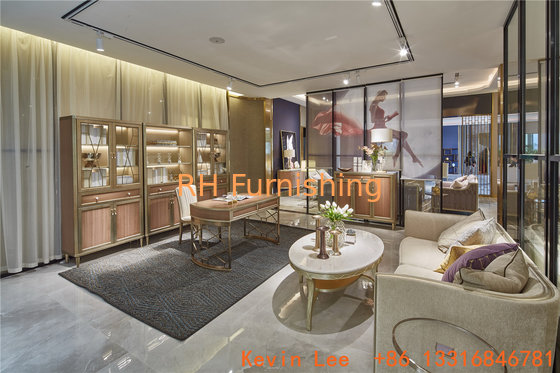Light luxury home office furniture Villa house study room bookcase cabinets with desk tables in golden Stainless steel supplier