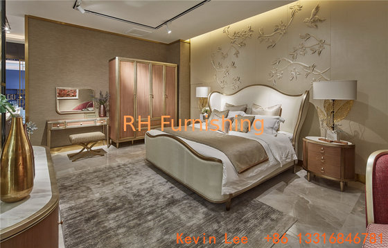 Light luxury Bedroom furniture Villa house King size bed in Sliver painting wood headboard with Big wardrobe cabinets supplier