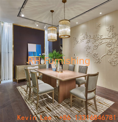 Luxury dining room furniture set Nice wood veneer painting long dining table with Leather upholstery chairs factory sale supplier