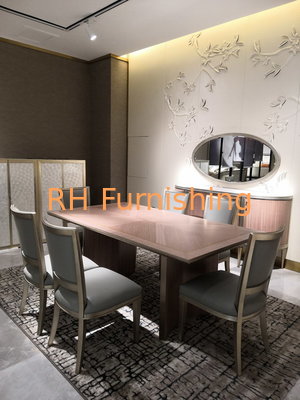 Luxury dining room furniture set Nice wood veneer painting long dining table with Leather upholstery chairs factory sale supplier