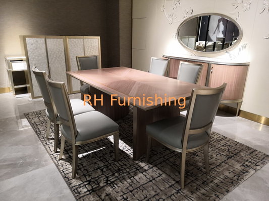 Luxury dining room furniture set Nice wood veneer painting long dining table with Leather upholstery chairs factory sale supplier