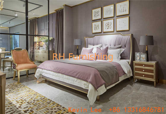 Villa house upholstered headboard by golden painting wood bed with luxury Nightstand for Villa house interior designer supplier