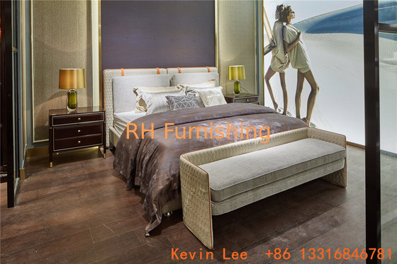 Villa home upholstered headboard king size bed in light luxury fabric with Lounge bench by Customized furniture factory supplier