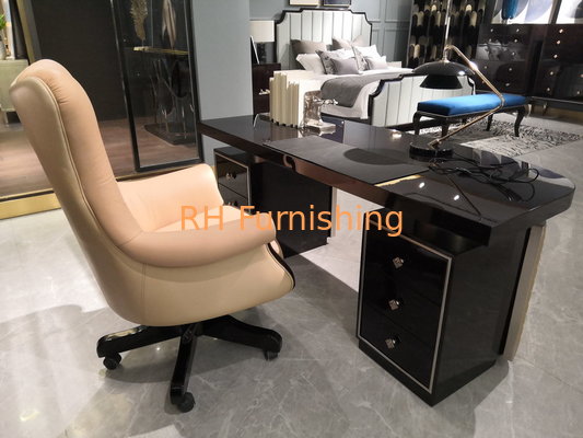 Luxury interior design furniture reading rooms writing desk and Bookcase with glass door in black glossy wood cabinets supplier