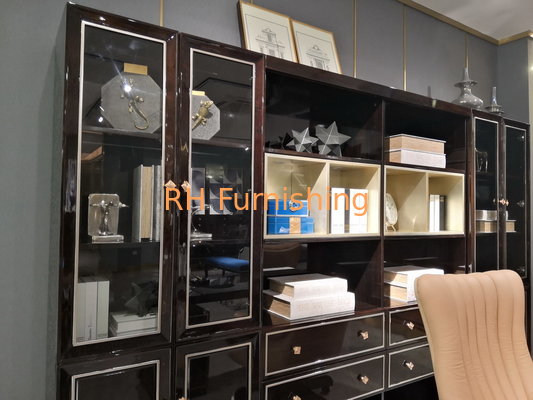 Luxury interior design furniture reading rooms writing desk and Bookcase with glass door in black glossy wood cabinets supplier