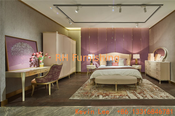 Luxury bedroom furniture villa house design furniture of Queen size bed in Golden painting with European style Wardrobe supplier