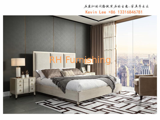 Light American style Bedroom furniture Leather headboard king size bed with Wood nightstand for Villa house interior supplier