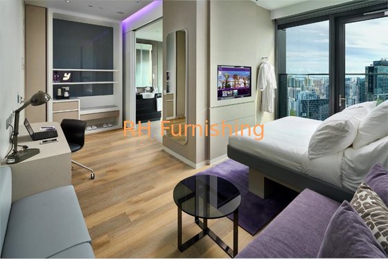 Fashion design of Hotel guestroom furniture by Laminate board fixture for cabinets and Leather upholstered headboard bed supplier