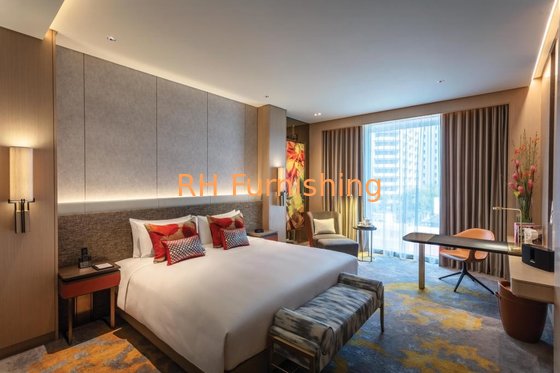 Modern laminate furniture for hotel room interior fitting with Desk and cabinets used Upholstered hotel bed supplier