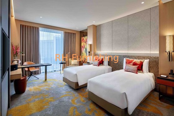 Modern laminate furniture for hotel room interior fitting with Desk and cabinets used Upholstered hotel bed supplier
