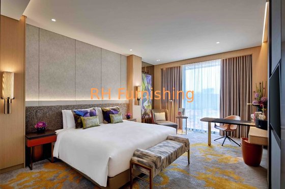 Modern laminate furniture for hotel room interior fitting with Desk and cabinets used Upholstered hotel bed supplier