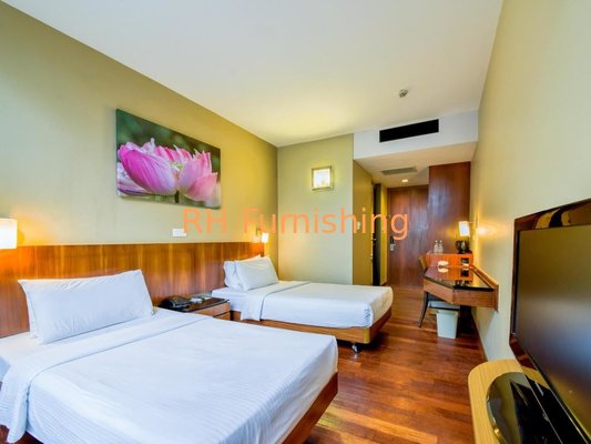 Cheap hotel bedroom furniture used Laminated headboard bed with fixed desk and Minibar cabinets supplier