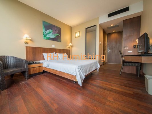 Cheap hotel bedroom furniture used Laminated headboard bed with fixed desk and Minibar cabinets supplier