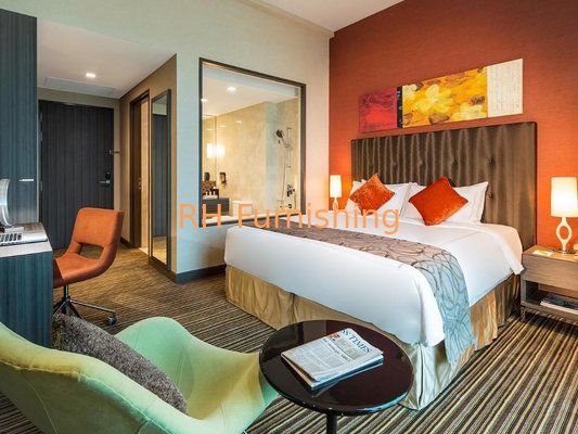 Hotel style apartment interior design of Laminated furniture for Wall mounted cabinet and Upholstered headboard bed supplier
