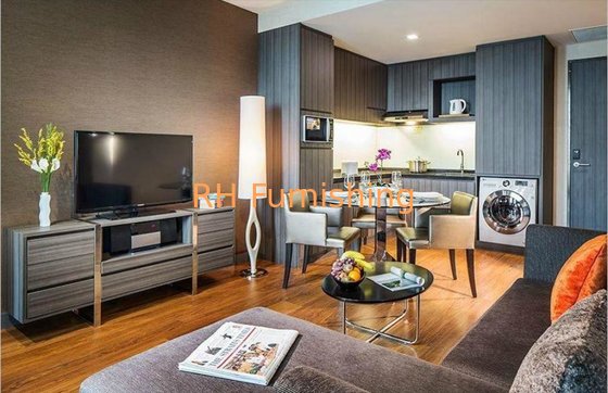 Hotel style apartment interior design of Laminated furniture for Wall mounted cabinet and Upholstered headboard bed supplier