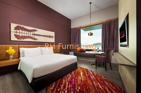 Hotel style apartment furniture Leather upholstered headboard king size bed and HPL desk with TV tables supplier