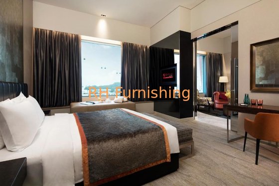 Hotel style apartment furniture Leather upholstered headboard king size bed and HPL desk with TV tables supplier