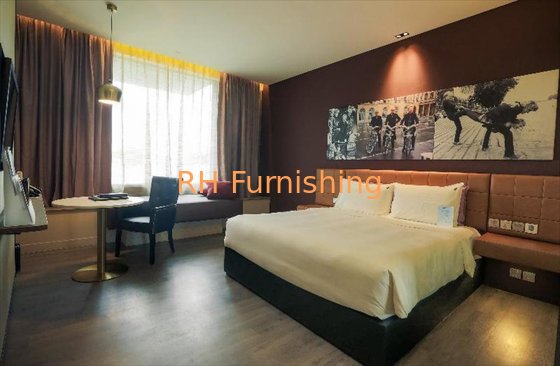 Hotel style apartment furniture Leather upholstered headboard king size bed and HPL desk with TV tables supplier