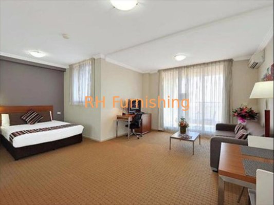 Hotel Standard Studio room furniture of Laminate wood made panel bedroom sets with Leisure sofa and TV tables supplier