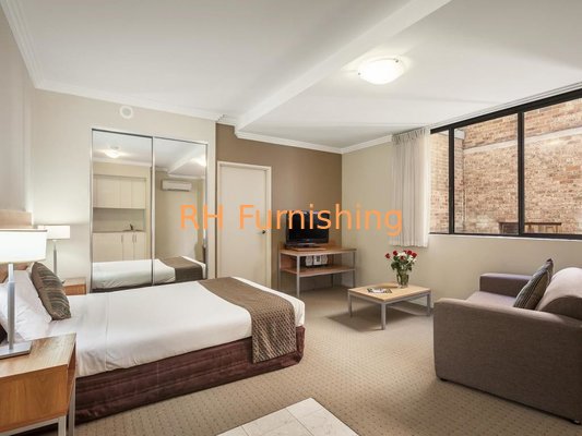 Hotel Standard Studio room furniture of Laminate wood made panel bedroom sets with Leisure sofa and TV tables supplier