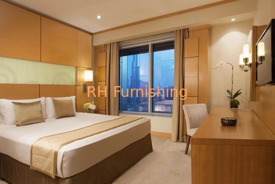Oddar Meanchey hotel Bedroom furntiure factory from China by laminate wood headboard bed with desk table and cabinet supplier