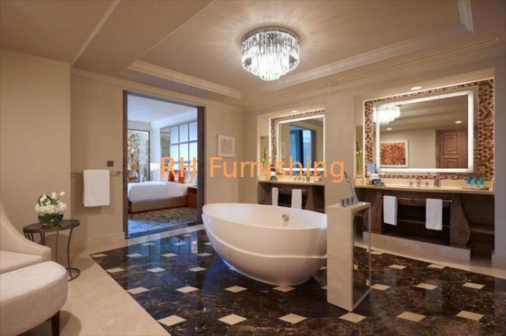 PHNOM PENH Luxury hotel bedroom furniture made by Leather upholstery headboard with bed and Wood TV table combined desk supplier