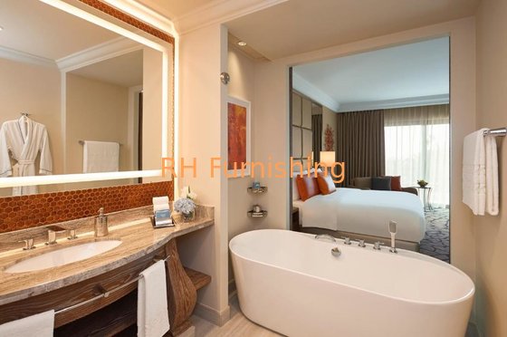 PHNOM PENH Luxury hotel bedroom furniture made by Leather upholstery headboard with bed and Wood TV table combined desk supplier