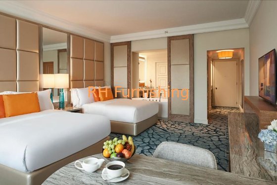 PHNOM PENH Luxury hotel bedroom furniture made by Leather upholstery headboard with bed and Wood TV table combined desk supplier