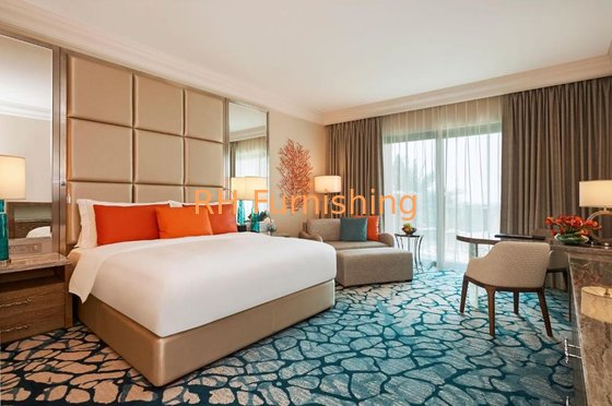 PHNOM PENH Luxury hotel bedroom furniture made by Leather upholstery headboard with bed and Wood TV table combined desk supplier
