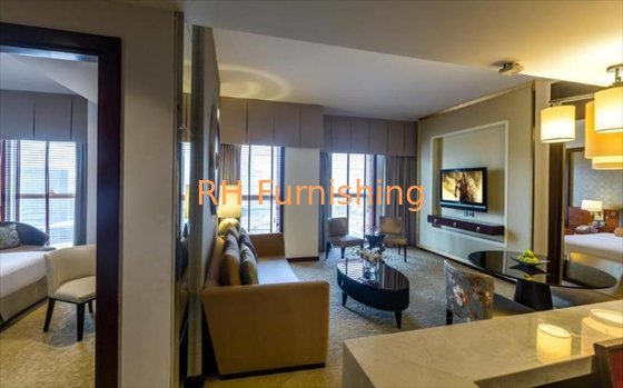 Preah Vihear furniture factory for Hotel rooms made Leather headboard bed and Wood table desk with Chairs supplier